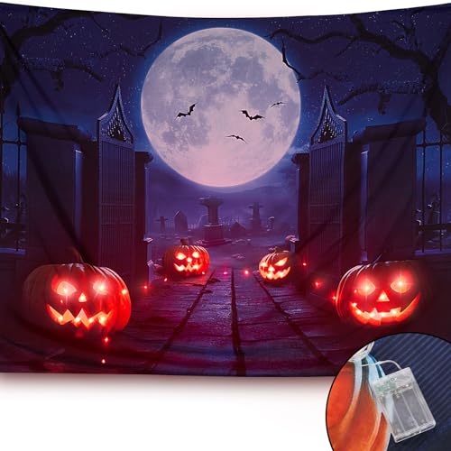 Light Up Halloween Backdrop 7x5 FT,Halloween Back Drop for Iron Gate,Pumpkin Head, Ideal for Halloween Photo Backdrop, Halloween Party Decorations,Halloween Backdrops for Photography