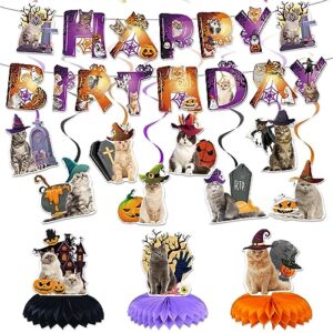 halloween cat birthday party supplies halloween cat birthday party decorations includes 1 birthday banner, 3 halloween cat honeycomb centerpieces, 8 hanging swirls