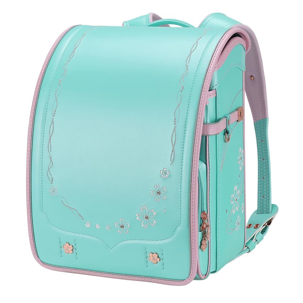 IwaiLoft Ransel Randoseru Backpack Automatic Satchel Japanese School Bag Cherry Blossom Sakura Embroidery PU Bookbag (Green)