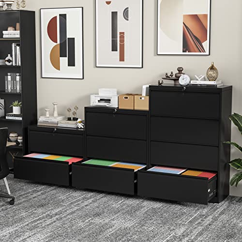 Pataku Lateral File Cabinet, 2 Drawer File Cabinet with Lock, Black Filing Cabinets for Home Office, Metal File Cabinet for Hanging Files/Letters/Legal/F4/A4