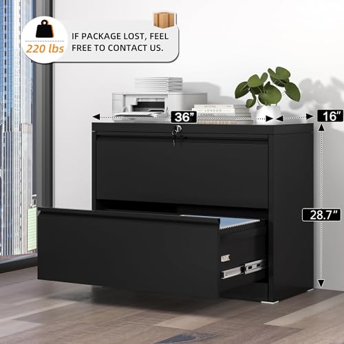 Pataku Lateral File Cabinet, 2 Drawer File Cabinet with Lock, Black Filing Cabinets for Home Office, Metal File Cabinet for Hanging Files/Letters/Legal/F4/A4