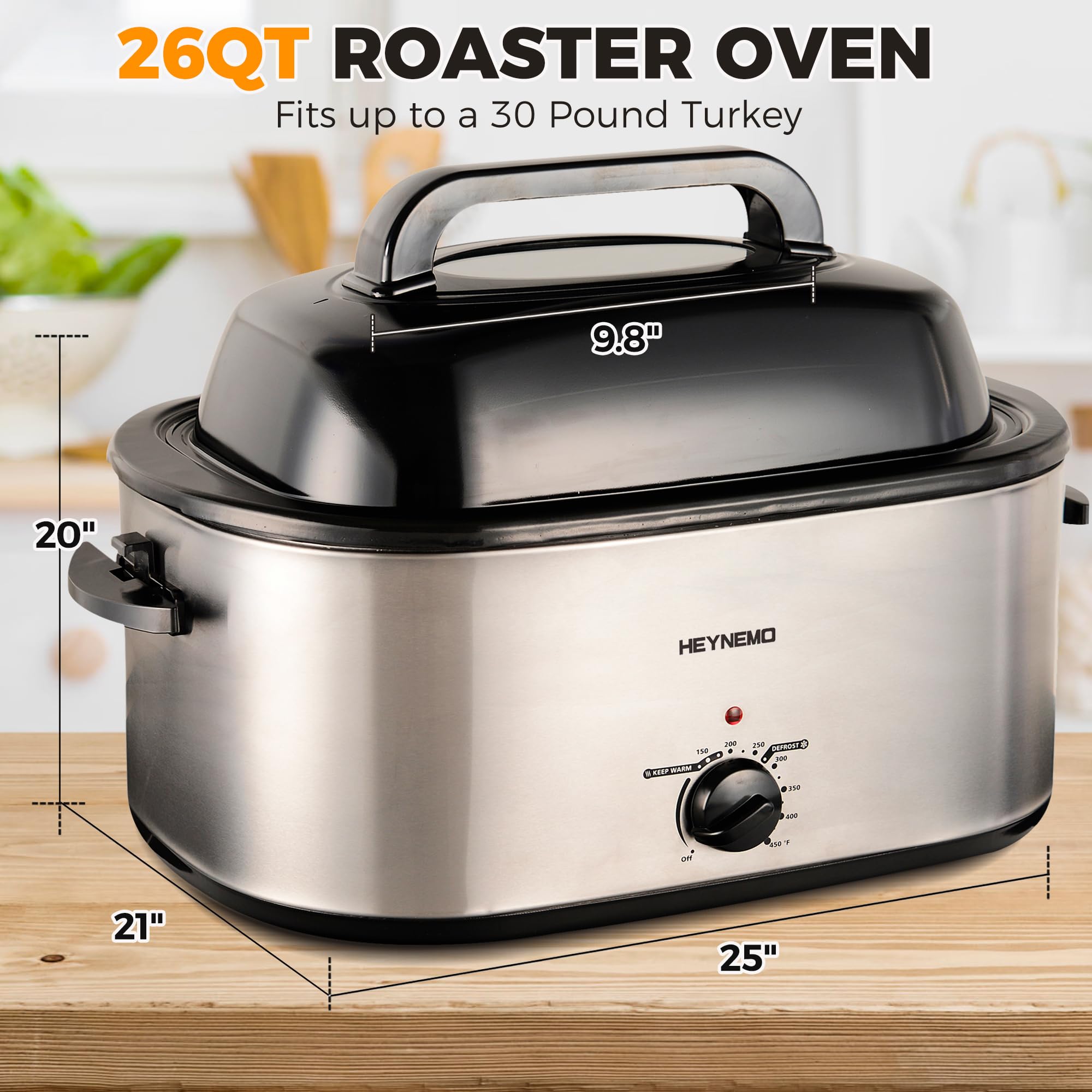 26 Quart Electric Roaster Oven with Visible & Self-Basting Lid, Large Turkey Defrost Warm Function, Adjustable Temperature, Removable Pan Rack, Stainless Steel, Silver