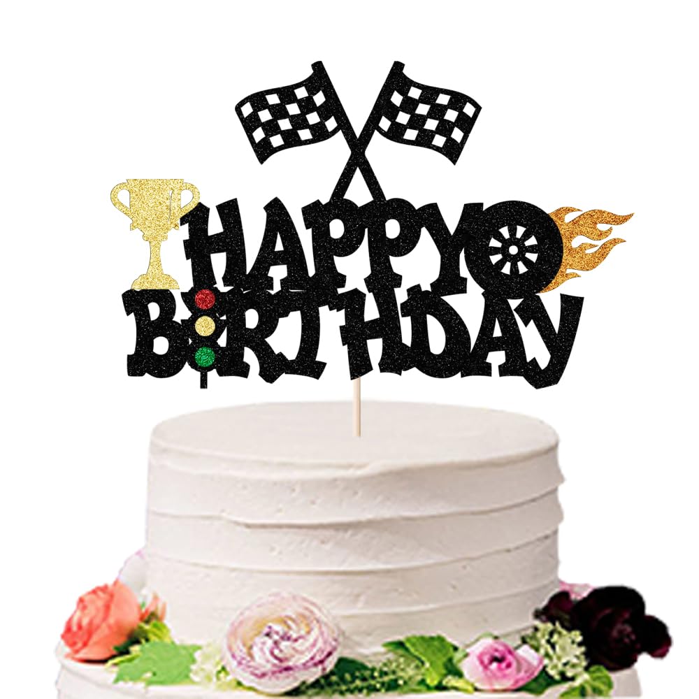 Sodasos Car Cake Topper Race Car Cake Decorations for Racing Car Checkered Flag Kids Boy Girl Happy Birthday Party Supplies (car)