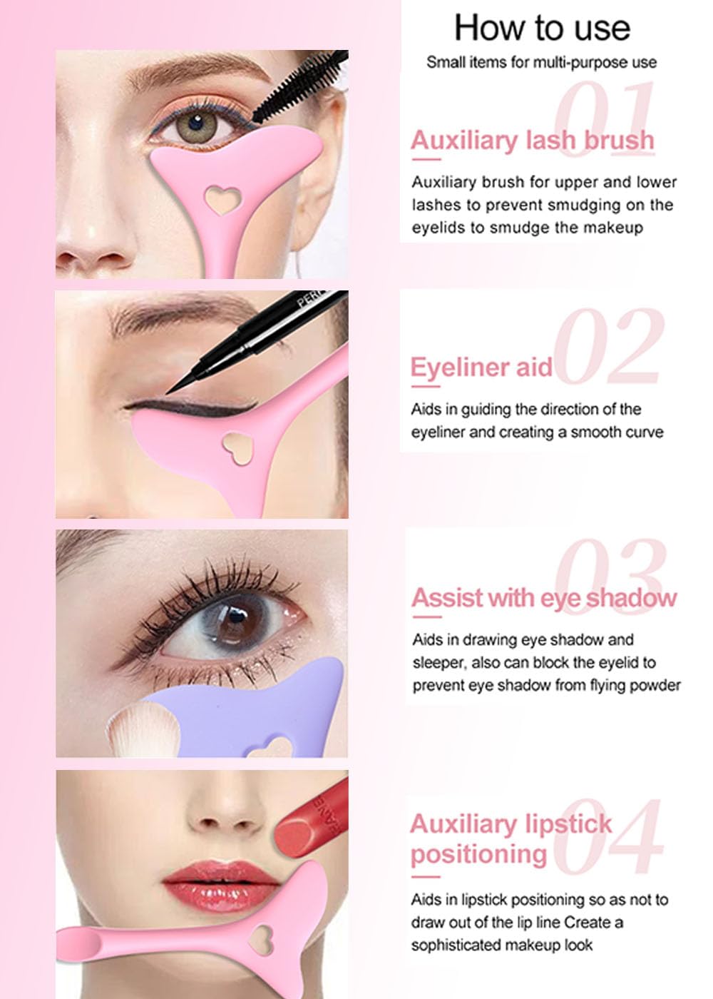 YRAKOZIN Multifunctional Eyeliner Stencils [4 PCS], Eye Makeup Tool Set[Wing Eyeliner Aid + Silicone Beauty Ruler] as Eyelash Shield/Eyebrow Shaping/Jaw Line/Lip Line for Beginners (Pink)