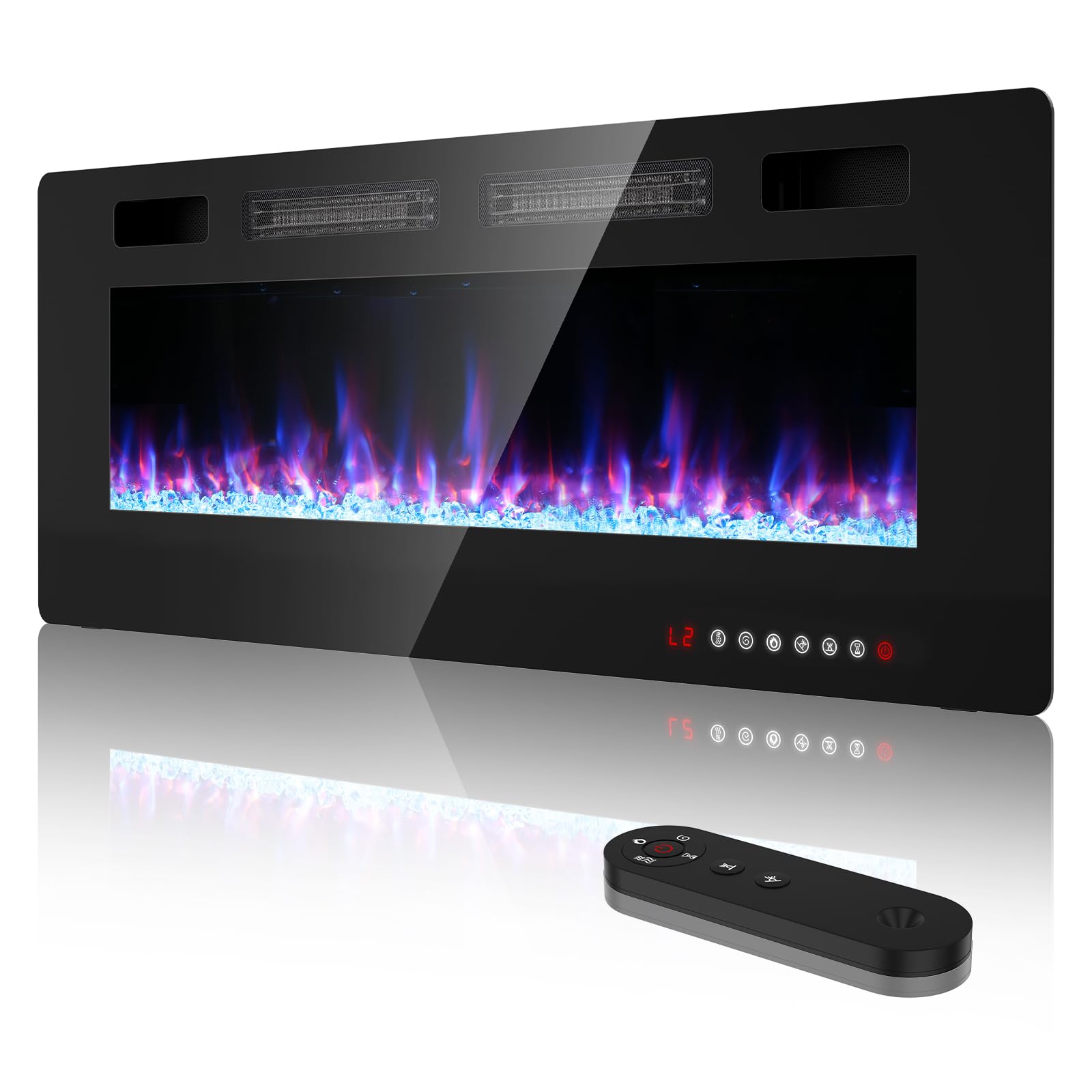 BREEZEHEAT 50 inch Electric Fireplace Wall Mounted/Freestanding-Ultra Thin Fireplace Inserts for Living Room with Heater, Remote Control, Touch Screen, Led Flame, 8H Timer, 750w/1500w