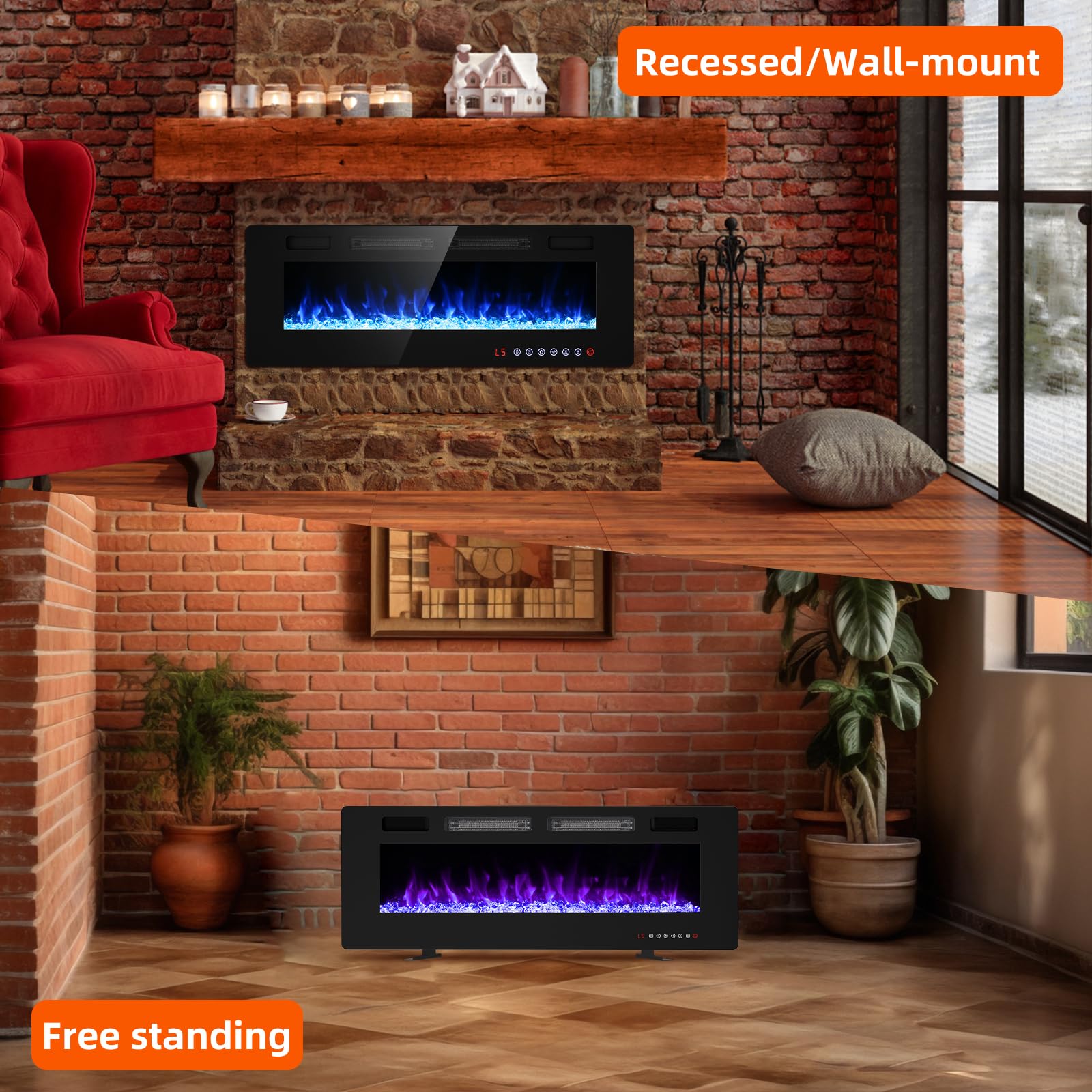 BREEZEHEAT 50 inch Electric Fireplace Wall Mounted/Freestanding-Ultra Thin Fireplace Inserts for Living Room with Heater, Remote Control, Touch Screen, Led Flame, 8H Timer, 750w/1500w