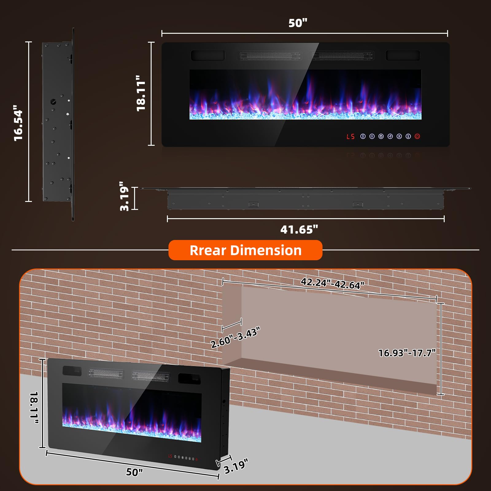 BREEZEHEAT 50 inch Electric Fireplace Wall Mounted/Freestanding-Ultra Thin Fireplace Inserts for Living Room with Heater, Remote Control, Touch Screen, Led Flame, 8H Timer, 750w/1500w