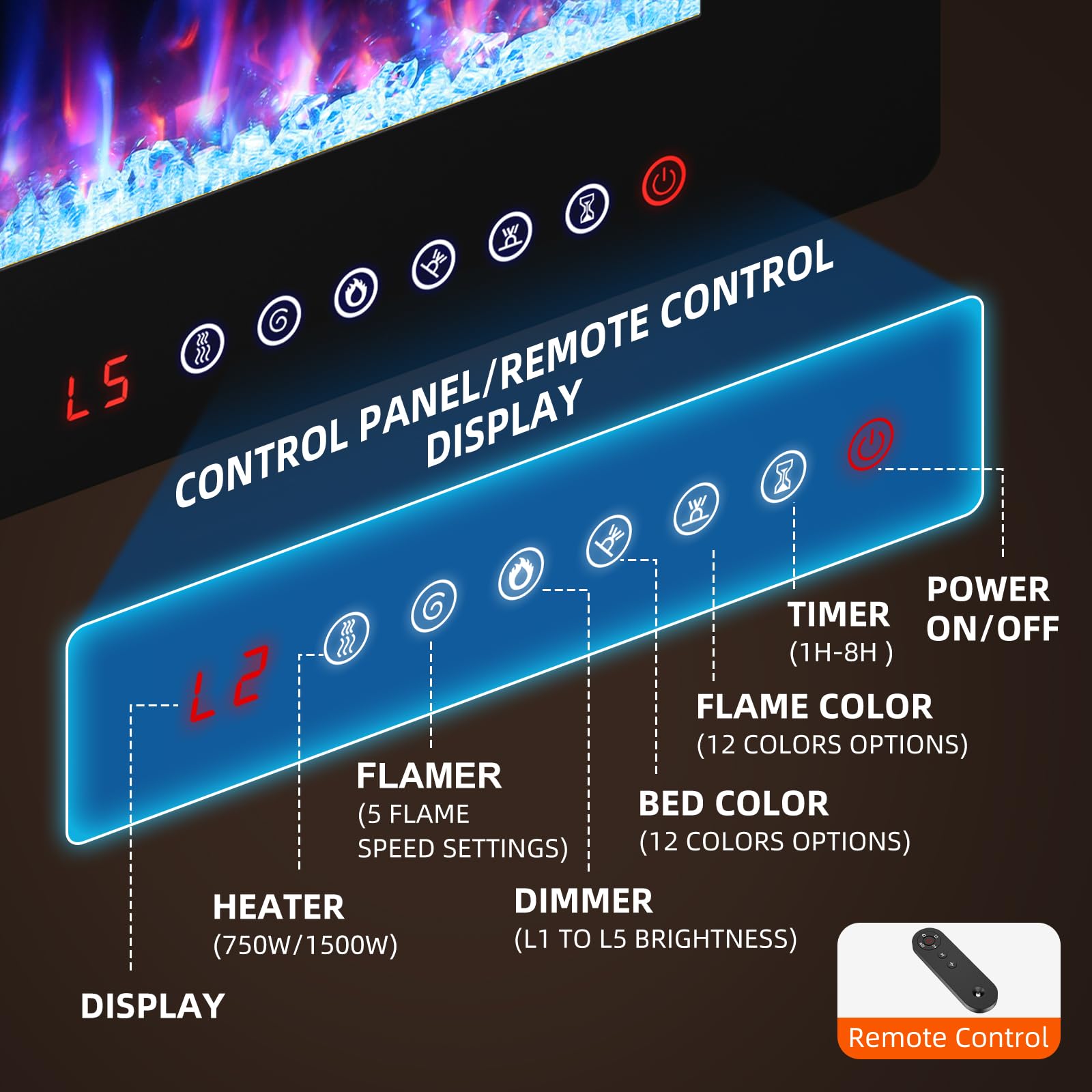 BREEZEHEAT 50 inch Electric Fireplace Wall Mounted/Freestanding-Ultra Thin Fireplace Inserts for Living Room with Heater, Remote Control, Touch Screen, Led Flame, 8H Timer, 750w/1500w