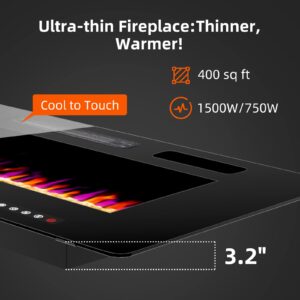 BREEZEHEAT 50 inch Electric Fireplace Wall Mounted/Freestanding-Ultra Thin Fireplace Inserts for Living Room with Heater, Remote Control, Touch Screen, Led Flame, 8H Timer, 750w/1500w