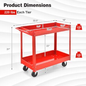 IRONMAX Utility Cart with Wheels, 2-Tier Heavy Duty Metal Rolling Cart w/ 3.5’’ Extra Deep Shelves, Steel Tool Service Push Cart for Mechanic Garage Warehouse Workshop Kitchen (Red)