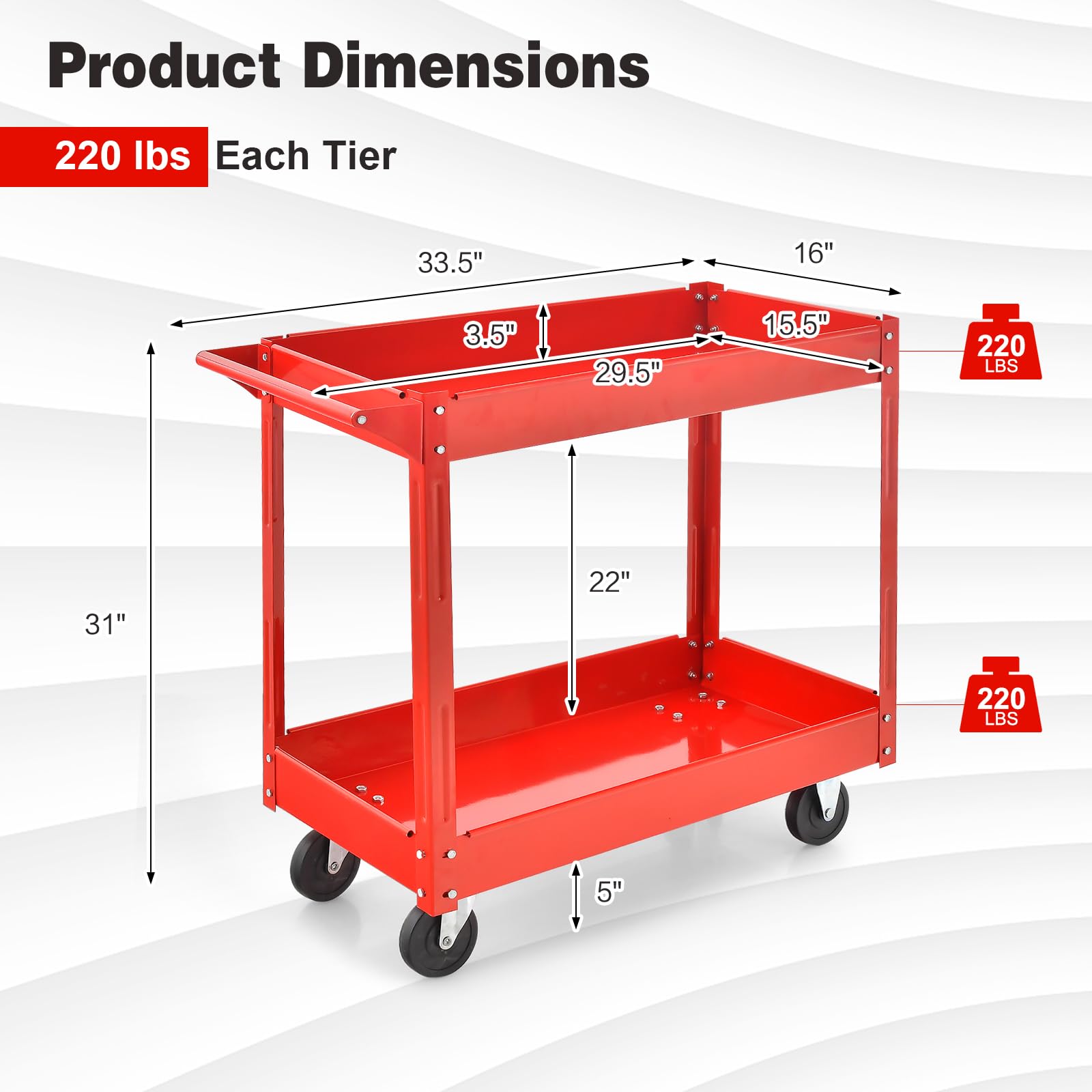 IRONMAX Utility Cart with Wheels, 2-Tier Heavy Duty Metal Rolling Cart w/ 3.5’’ Extra Deep Shelves, Steel Tool Service Push Cart for Mechanic Garage Warehouse Workshop Kitchen (Red)