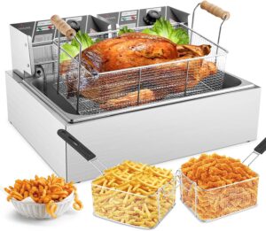 tangme commercial deep fryer, 3400w electric turkey fryer with 3-baskets, 22l/23.25qt 1mm thickened stainless steel countertop single oil fryer with temperature limiter for restaurant