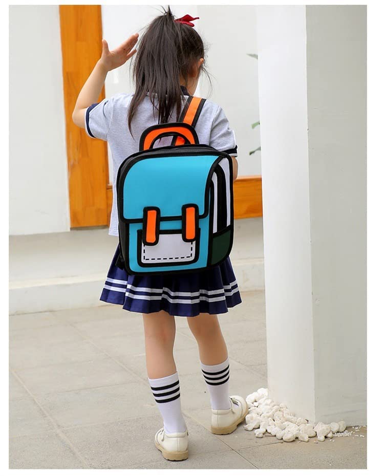 Yinilomo 3D Jump Style Kawaii Backpack Sketch Cute Cartoon 2D Drawing from Comic Paper Anime Bookbag School Supplies Fun Daypack (Blue)