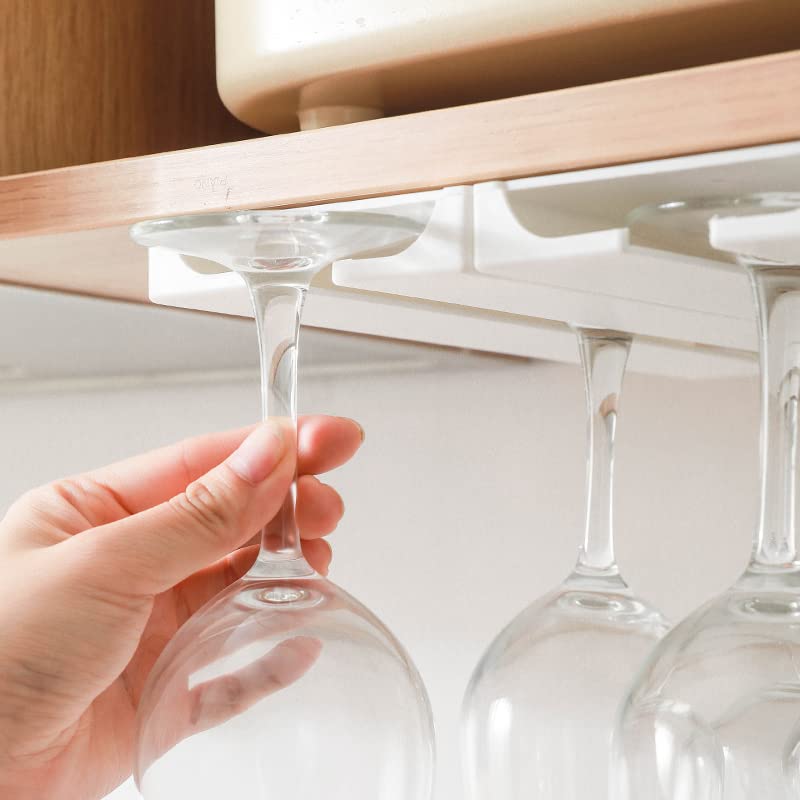 Vaisoeny Wine Glass Holder Under Cabinet ，Wine Glass Rack - Under Cabinet Stemware Wine Glass Holder Glasses Storage Hanger plastic Organizer for Bar Punch-free Self-adhesive 2 Pack（White）