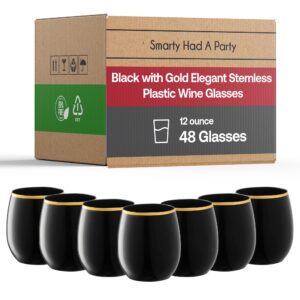 smarty had a party plastic wine tumbler, disposable stemless 12 oz drinking glasses, elegant drinkware in bulk order for wedding, birthday & all occasions, 48 pcs (black with gold)