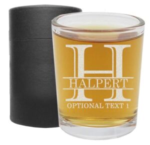 personalized etched 2.5oz 1pk shot glass – customized monogram name, custom gifts men women, groomsmen, engraved wedding birthday anniversary retirement gift ideas him her, party favors, halpert