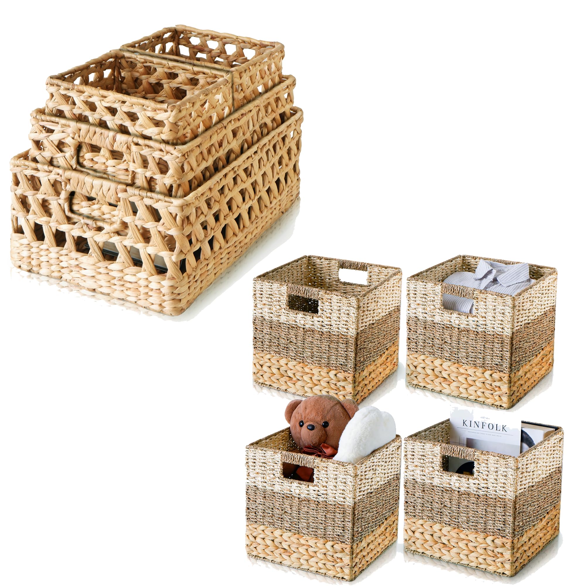 CHI AN HOME Wicker Hyacinth Cube Baskets Pack 4 + Set 4 Nesting Storage Baskets