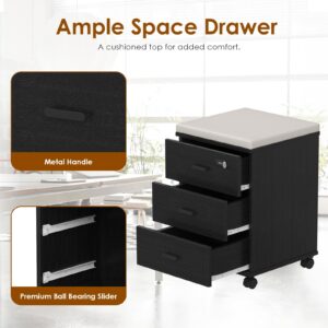 Soohow 3 Mobile Smart Lock Small Rolling Desk Unit Storage Drawers Black Filing Cabinet for Home Office Business