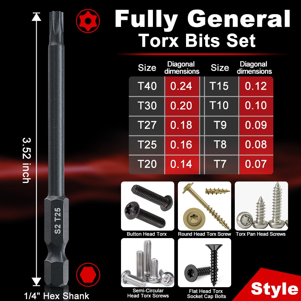 10PCS Torx Bits Set 3.52Inch Torx Screwdriver Bits Set,Impact Tough Anti-Slip Magnetic #7,#8,#9,#10,#15,#20,#25,#27,#30,#40 Torx Head Power Bits,S2 Alloy Steel Security Bit Set.