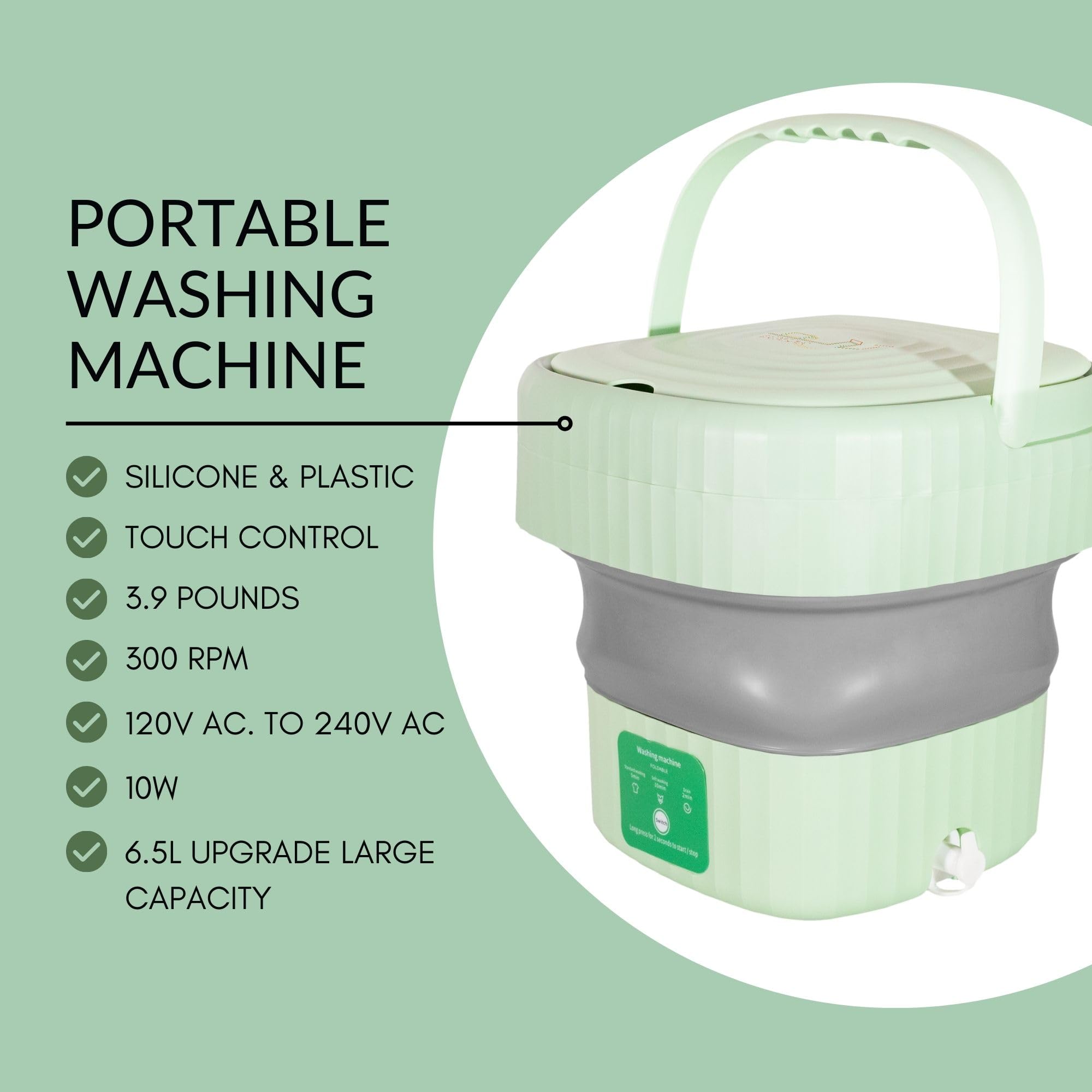 LogarMéxico Portable Washing Machine 6.5L - Mini Washing Machine - Small Washing Machine - Mini Washer Machine - Foldable Washing Machine - Portable Washer Machine -(Green)- 2 Foldable Hangers