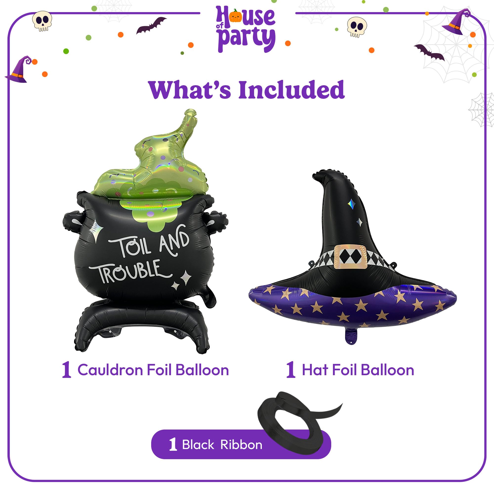 HOUSE OF PARTY Halloween Witch Hat Foil Balloons Kit, Wizard Hat Balloons for Halloween Birthday Party Decor | Halloween Standing Cauldron Mylar Balloons | Halloween Party Decorations