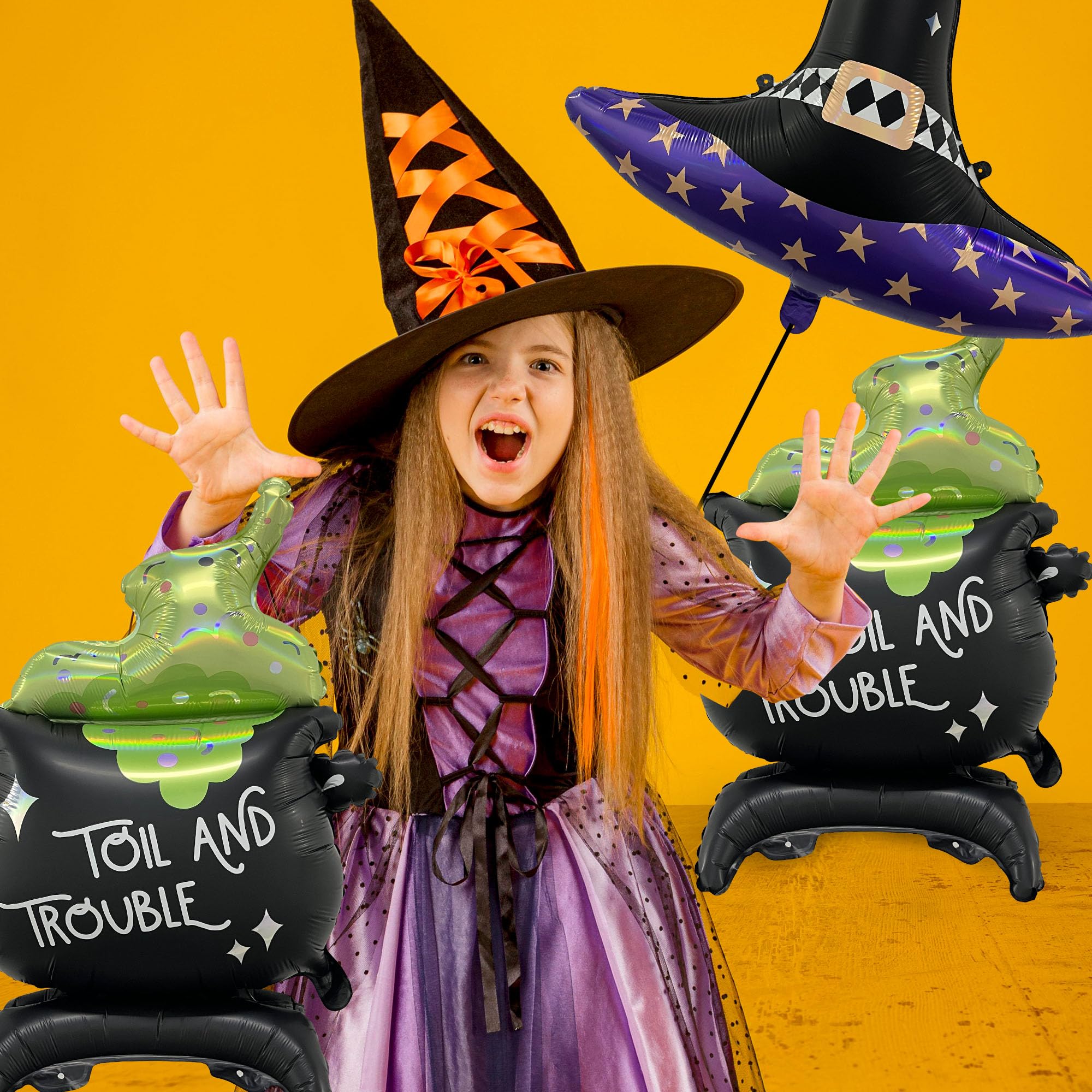 HOUSE OF PARTY Halloween Witch Hat Foil Balloons Kit, Wizard Hat Balloons for Halloween Birthday Party Decor | Halloween Standing Cauldron Mylar Balloons | Halloween Party Decorations