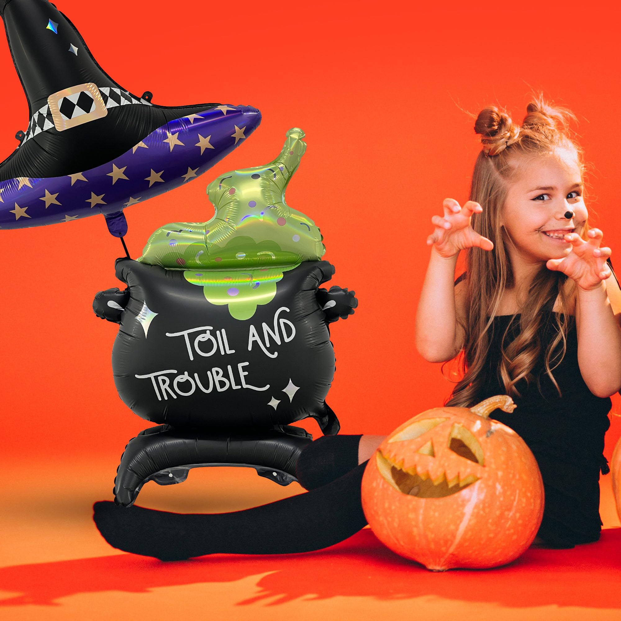 HOUSE OF PARTY Halloween Witch Hat Foil Balloons Kit, Wizard Hat Balloons for Halloween Birthday Party Decor | Halloween Standing Cauldron Mylar Balloons | Halloween Party Decorations