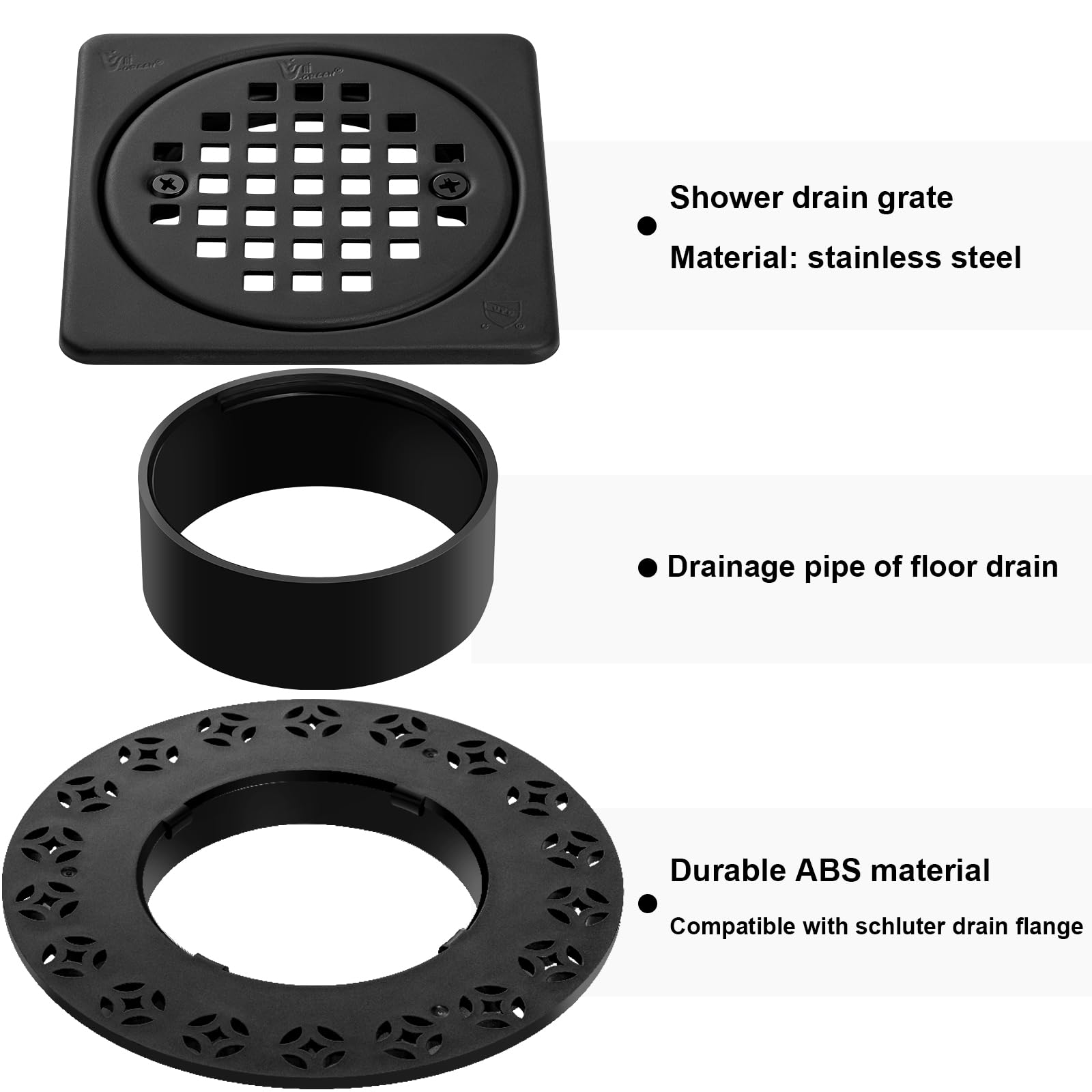 4 Inch Drain Kit Compatible with Schluter Kerdi-Drain Flange Square Shower Drain - CUPC Certification, SS304 Stainless Steel and ABS Material, Matte Black