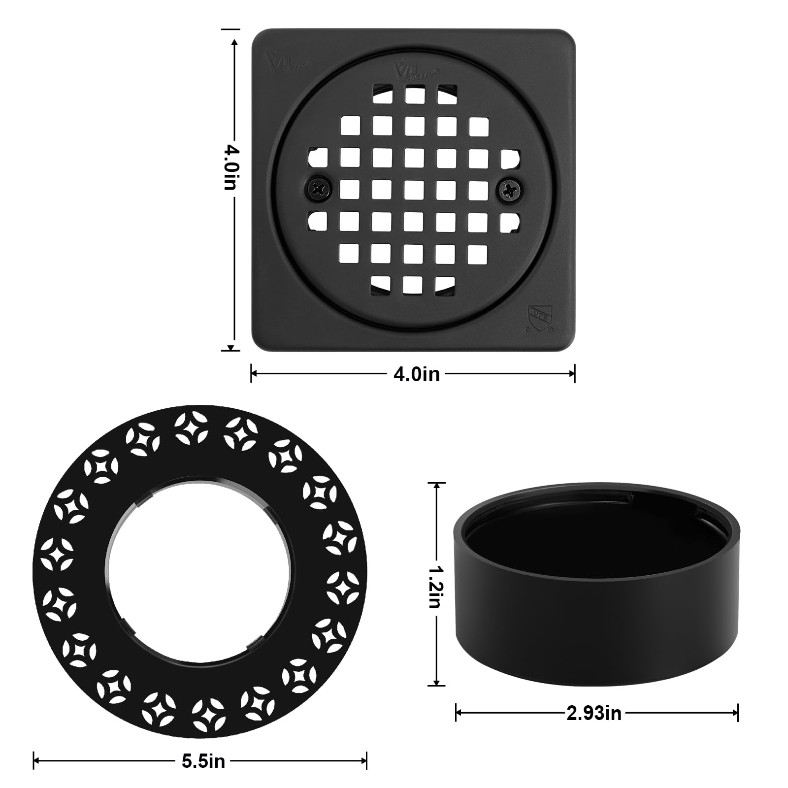 4 Inch Drain Kit Compatible with Schluter Kerdi-Drain Flange Square Shower Drain - CUPC Certification, SS304 Stainless Steel and ABS Material, Matte Black