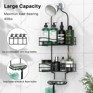 Bathroom Shower Caddy Hanging - Shower Organizer Hanging 3-Tier with Soap Holder & 6 Hooks for Towels, Sponge, Shower Caddy over Shower Head Fits 21mm Shower Head Arm, Black