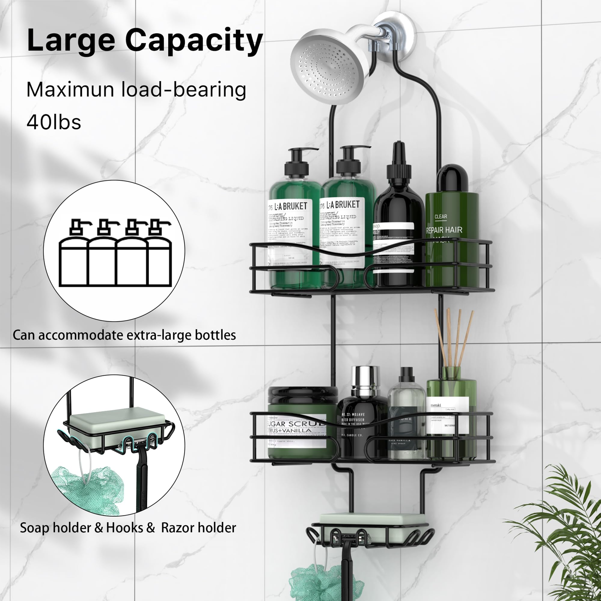 Bathroom Shower Caddy Hanging - Shower Organizer Hanging 3-Tier with Soap Holder & 6 Hooks for Towels, Sponge, Shower Caddy over Shower Head Fits 21mm Shower Head Arm, Black