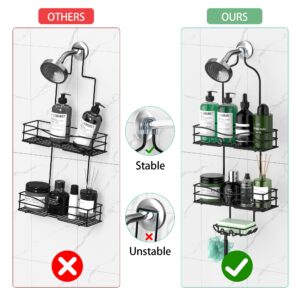 Bathroom Shower Caddy Hanging - Shower Organizer Hanging 3-Tier with Soap Holder & 6 Hooks for Towels, Sponge, Shower Caddy over Shower Head Fits 21mm Shower Head Arm, Black