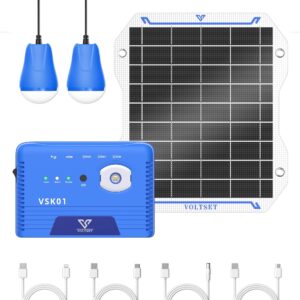 voltset 5w solar generator - 8000mah solar power generator system with 2 led bulbs, portable power station with flashlight for camping, phone charging, home emergency power supply