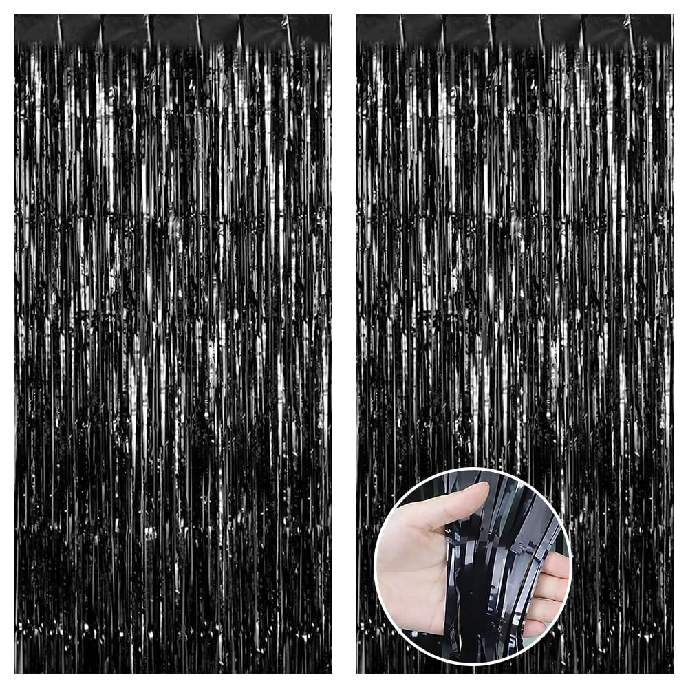 MEHOFOND 2 Pack 3.3x6.6ft Black Foil Fringe Backdrop Curtain Halloween Black Metallic Tinsel Streamers Party Decorations Fringe Backdrop for Birthday Baby Shower New Year Party Decor Photo Studio Prop