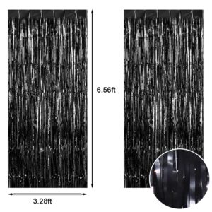 MEHOFOND 2 Pack 3.3x6.6ft Black Foil Fringe Backdrop Curtain Halloween Black Metallic Tinsel Streamers Party Decorations Fringe Backdrop for Birthday Baby Shower New Year Party Decor Photo Studio Prop