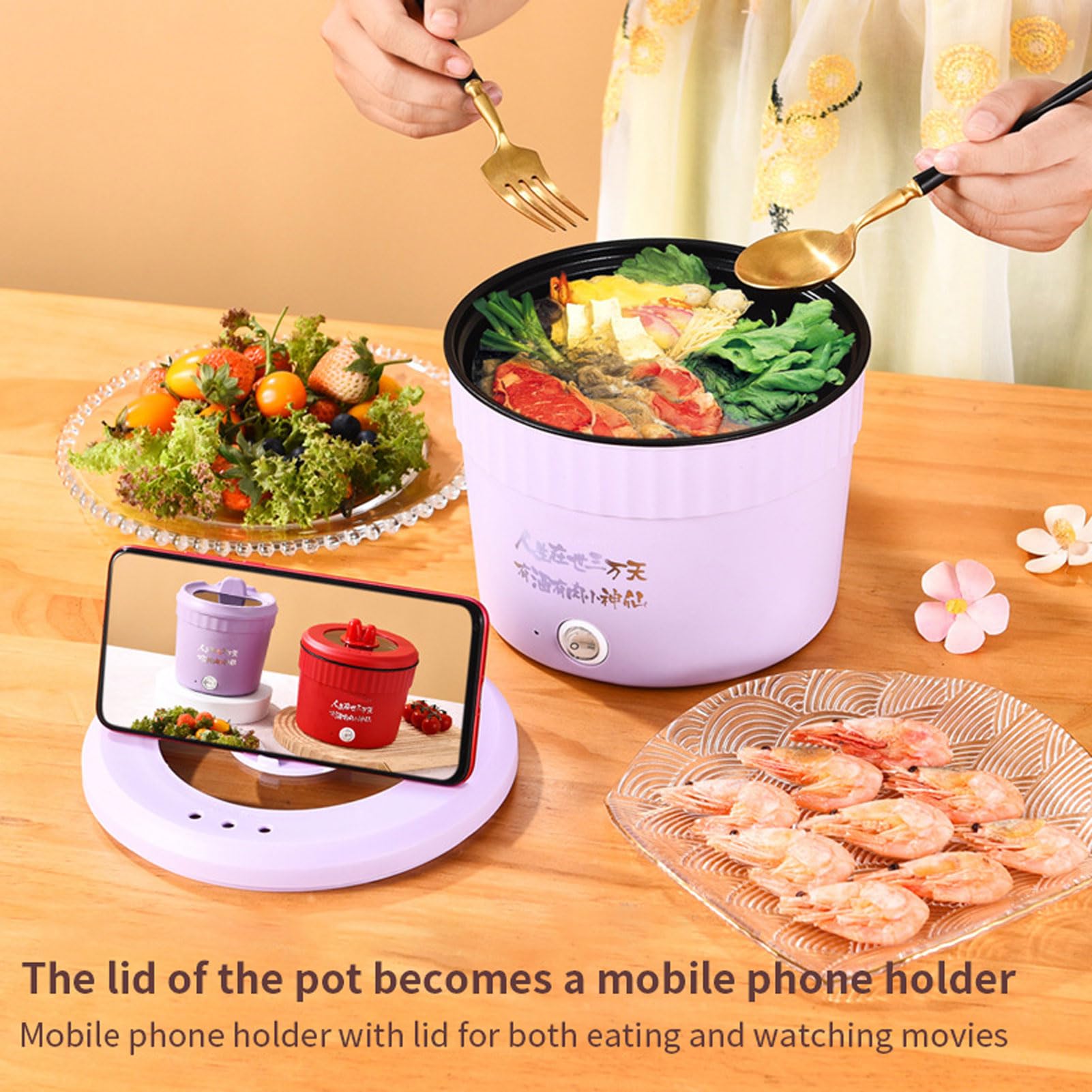 Mini Electric Cooker, Multifunctional Small Pot, Versatile Electric Hot Pot, 1.2L Multi Cooker Pan With Lid & Phone Holder,Portable Ramen Pot Cooker for Small Household Hot Pot (Purple)