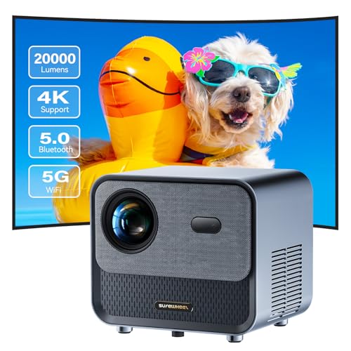 Projector 4K with WiFi and Bluetooth, SUREWHEEL Auto Focus 20000Lumens 800ANSI Outdoor Movie Projector, Native 1080P Portable Projector, 50% Zoom Home Theater Proyector for iOS/Android/TV Srick/PC