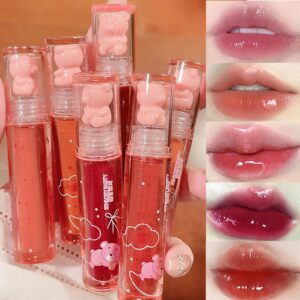 6pcs bear lip glaze jelly lipstick, liquid lipstick cute bear lipgloss moisturizing lip stain plumping water lip gloss waterproof long lasting cheek rouge tint cosmetics beauty makeup