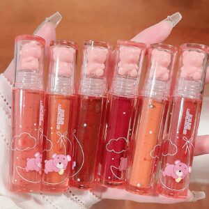 6Pcs Bear Lip Glaze Jelly Lipstick, Liquid Lipstick Cute Bear Lipgloss Moisturizing Lip Stain Plumping Water Lip Gloss Waterproof Long Lasting Cheek Rouge Tint Cosmetics Beauty Makeup