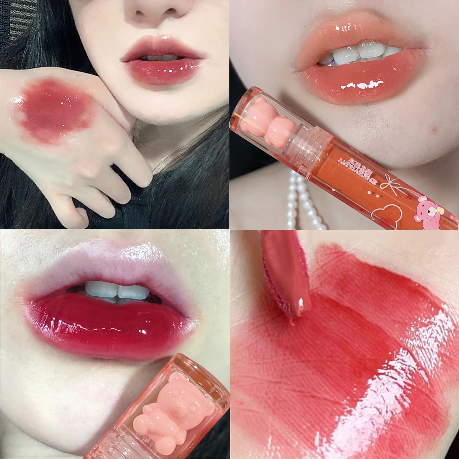 6Pcs Bear Lip Glaze Jelly Lipstick, Liquid Lipstick Cute Bear Lipgloss Moisturizing Lip Stain Plumping Water Lip Gloss Waterproof Long Lasting Cheek Rouge Tint Cosmetics Beauty Makeup