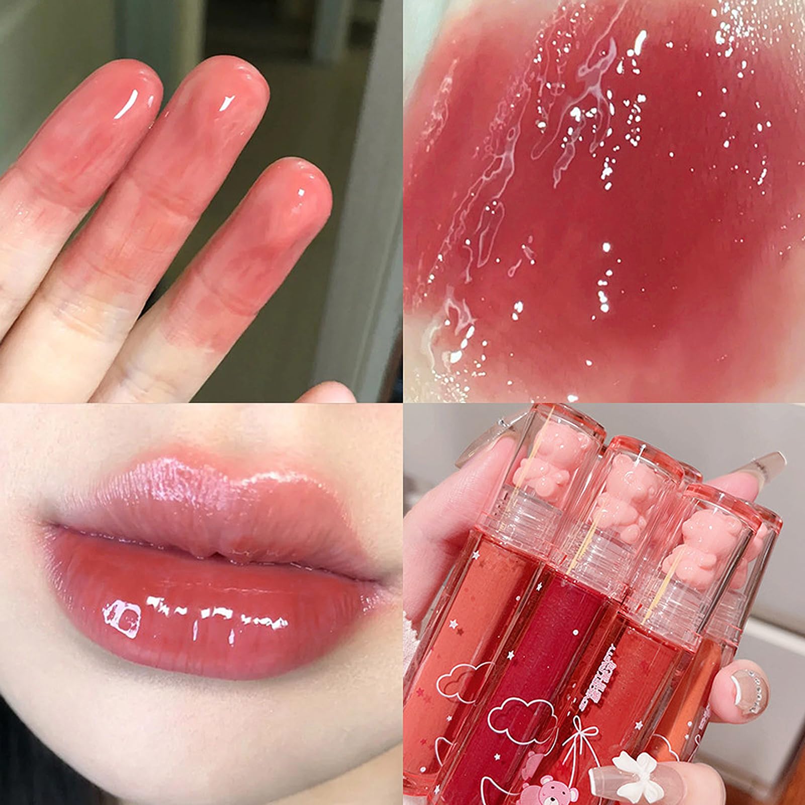 6Pcs Bear Lip Glaze Jelly Lipstick, Liquid Lipstick Cute Bear Lipgloss Moisturizing Lip Stain Plumping Water Lip Gloss Waterproof Long Lasting Cheek Rouge Tint Cosmetics Beauty Makeup