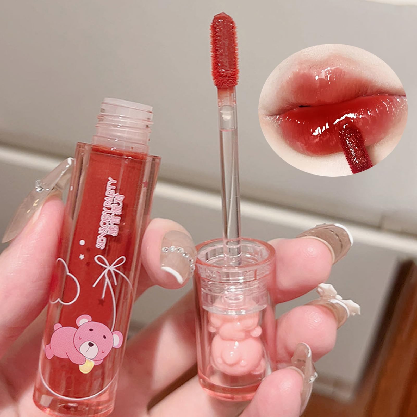 6Pcs Bear Lip Glaze Jelly Lipstick, Liquid Lipstick Cute Bear Lipgloss Moisturizing Lip Stain Plumping Water Lip Gloss Waterproof Long Lasting Cheek Rouge Tint Cosmetics Beauty Makeup