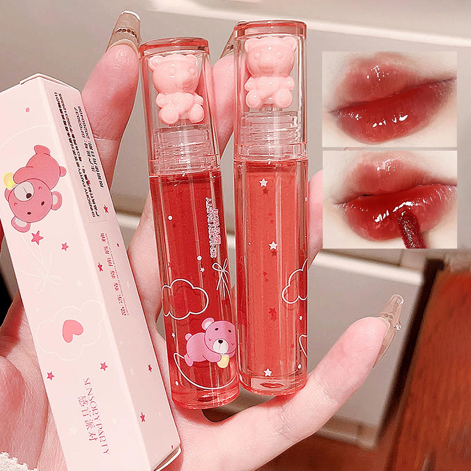 6Pcs Bear Lip Glaze Jelly Lipstick, Liquid Lipstick Cute Bear Lipgloss Moisturizing Lip Stain Plumping Water Lip Gloss Waterproof Long Lasting Cheek Rouge Tint Cosmetics Beauty Makeup