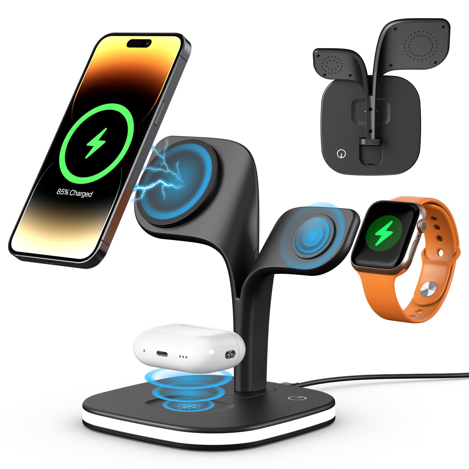 Wireless Charging Station, 5 in 1 Fast Mag Safe Magnetic Charger Stand for iPhone 14,13,12 Pro/Max/Mini/Plus, Apple Watch Ultra 8/7/6/SE/5/4/3/2 and Airpods 3/2/Pro (Black) (Black)