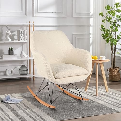 TUOMUR Modern Rocking Chair Nursery, Teddy Fabric Upholstered Glider Rocker with High Backrest and Armrests, Nursing Chair, Comfy Glider Chair for Living Room, Bedroom, Offices, Ivory