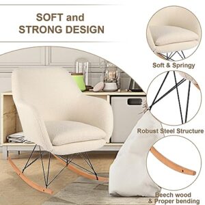 TUOMUR Modern Rocking Chair Nursery, Teddy Fabric Upholstered Glider Rocker with High Backrest and Armrests, Nursing Chair, Comfy Glider Chair for Living Room, Bedroom, Offices, Ivory