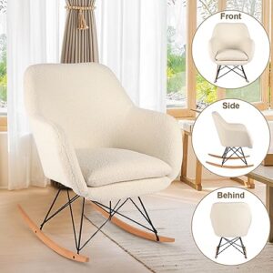 TUOMUR Modern Rocking Chair Nursery, Teddy Fabric Upholstered Glider Rocker with High Backrest and Armrests, Nursing Chair, Comfy Glider Chair for Living Room, Bedroom, Offices, Ivory