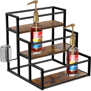 homedawn coffee syrup rack organizer, syrup bottle holder stand for coffee bar, 3-tier 12 bottles storage shelves for syrup, wine, dressing for kitchen countertop, rustic brown & black