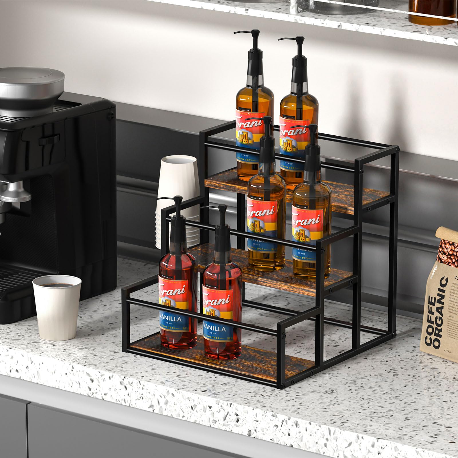 Homedawn Coffee Syrup Rack Organizer, Syrup Bottle Holder Stand for Coffee Bar, 3-Tier 12 Bottles Storage Shelves for Syrup, Wine, Dressing for Kitchen Countertop, Rustic Brown & Black