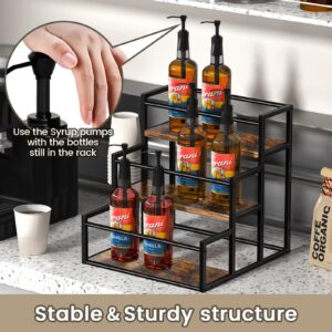 Homedawn Coffee Syrup Rack Organizer, Syrup Bottle Holder Stand for Coffee Bar, 3-Tier 12 Bottles Storage Shelves for Syrup, Wine, Dressing for Kitchen Countertop, Rustic Brown & Black